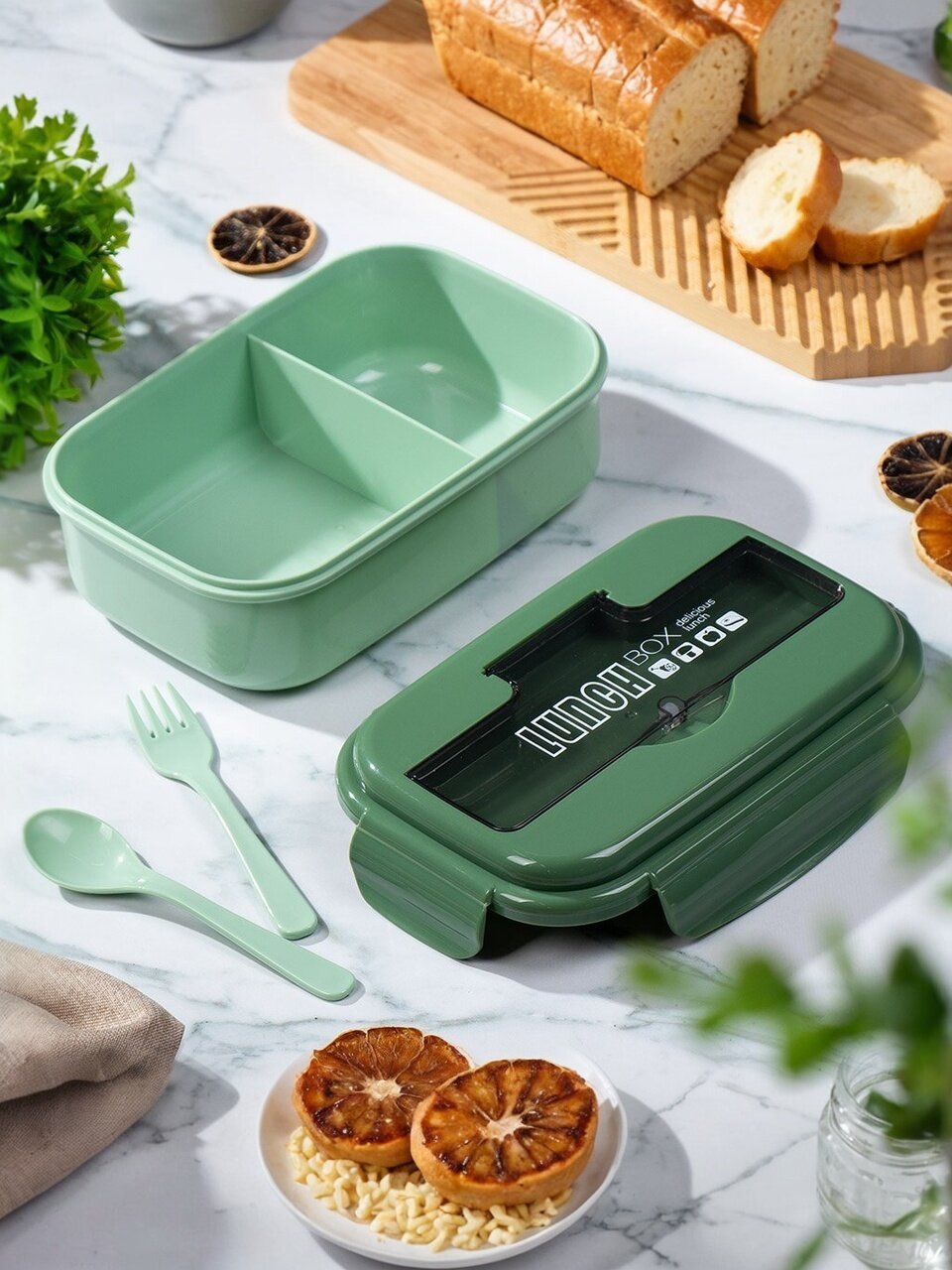 Контейнер ланч-бокс пластик, 1,2 л 20*13*8 см, зеленый, прямоугольный, Y4-8671