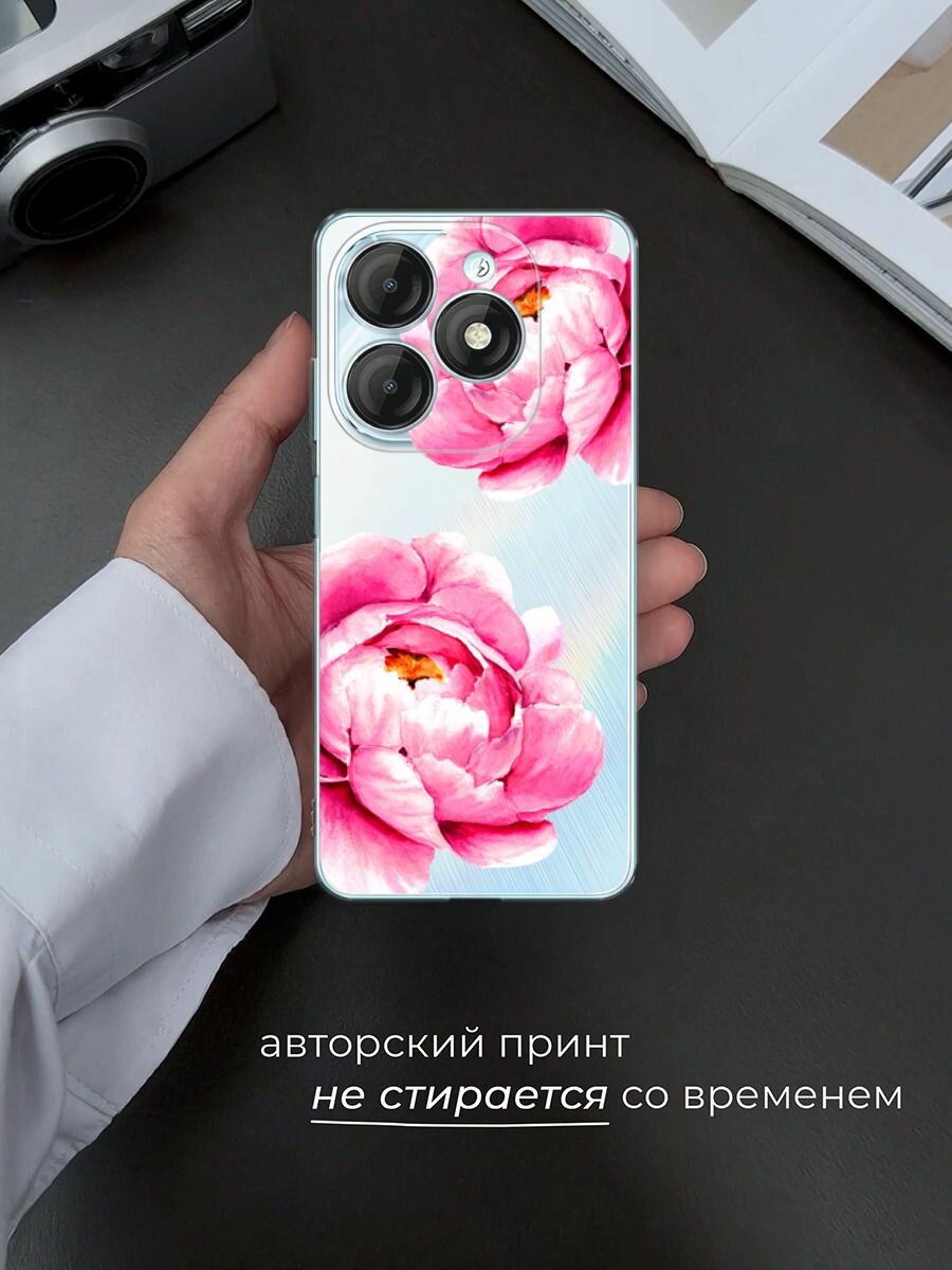 Чехол на Itel P55 / Ител Р55 с принтом "Open peonies", прозрачный — фото 1