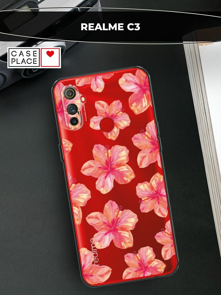 Силиконовый чехол на Realme C3 / Реалми C3 с принтом "Pink flowers"
