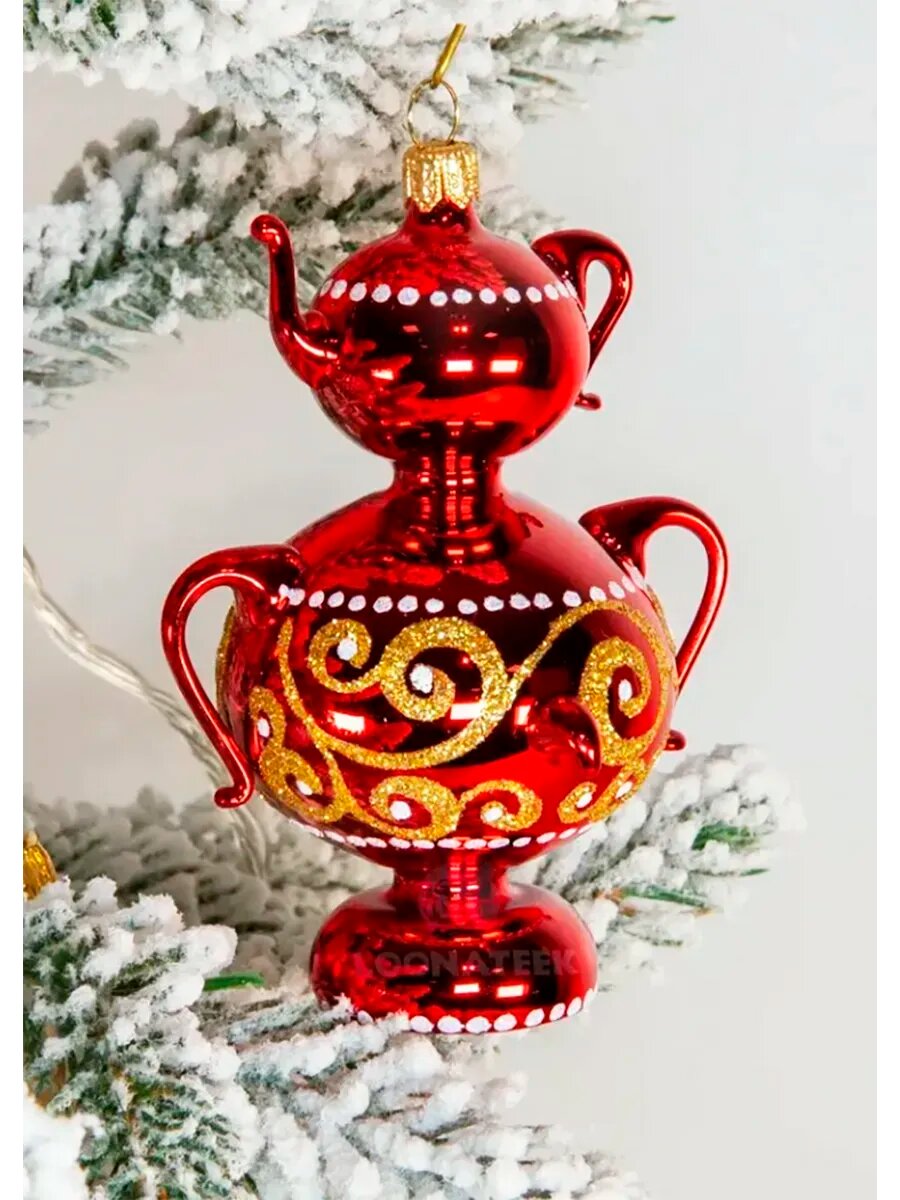 Елочная игрушка новогодняя "Самовар", ручная роспись, красная, 95мм