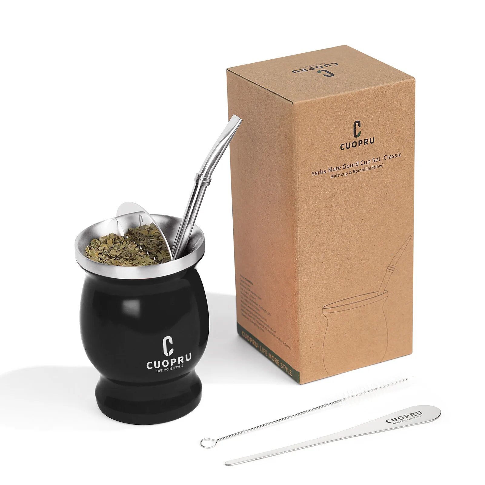 Yerba Mate Cup 304 Тыква с двойными стенками из нержавеющей стали с Bombillas и чистящей щеткой и сепаратором чая, 8 унций, Аргентина, Черный, 201-300 мл