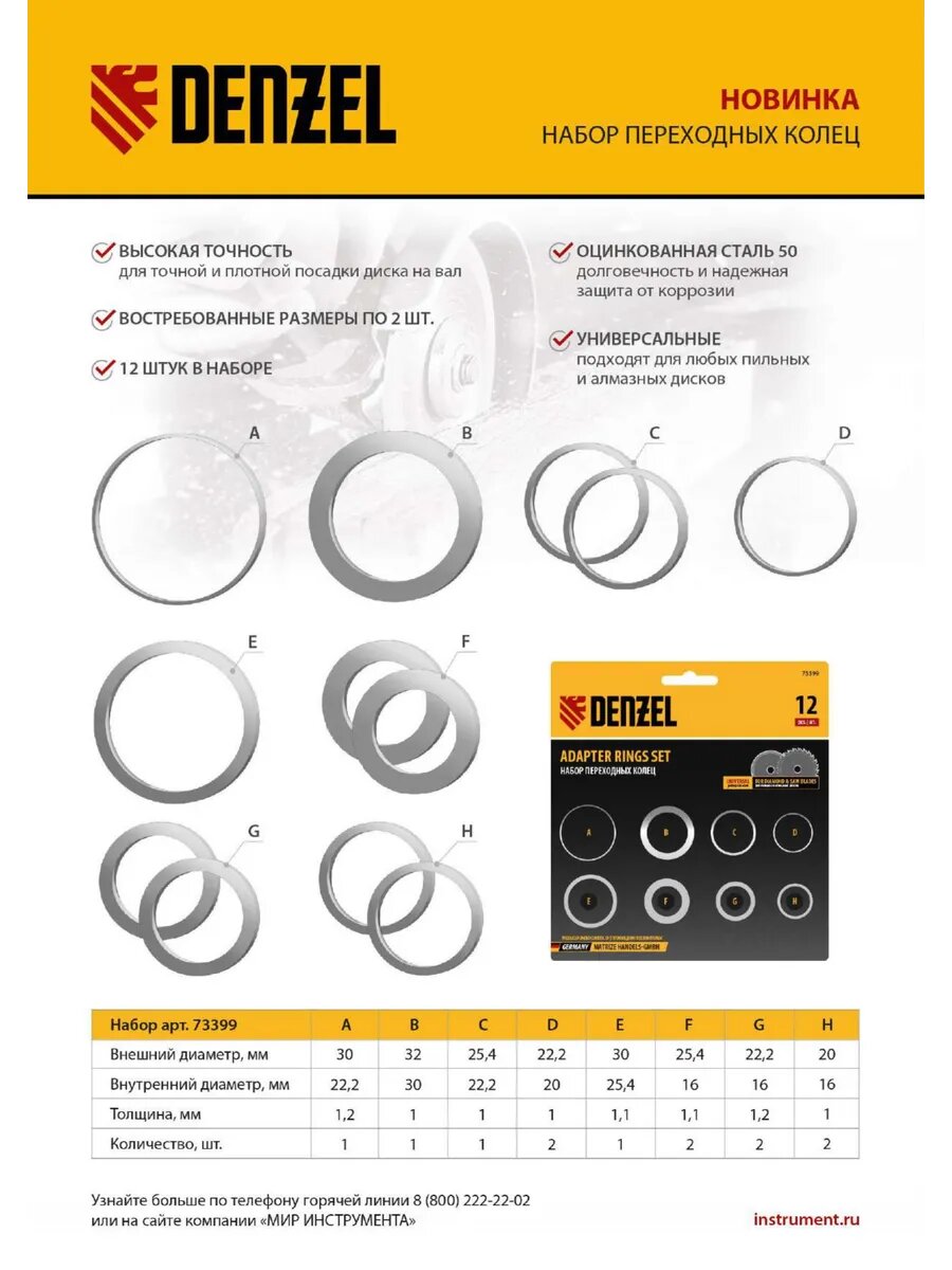 Кольца переходные 32х30, 30х25,4, 25,4х22.2, DENZEL, 73399