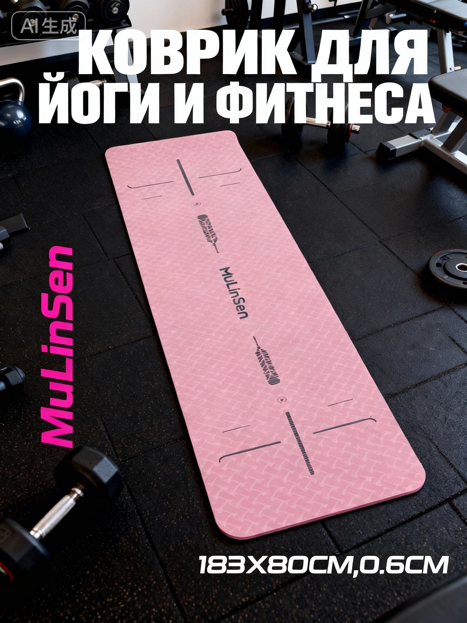 Коврик для фитнеса Mulinsen TPE, нескользящий, с чехлом, розовый