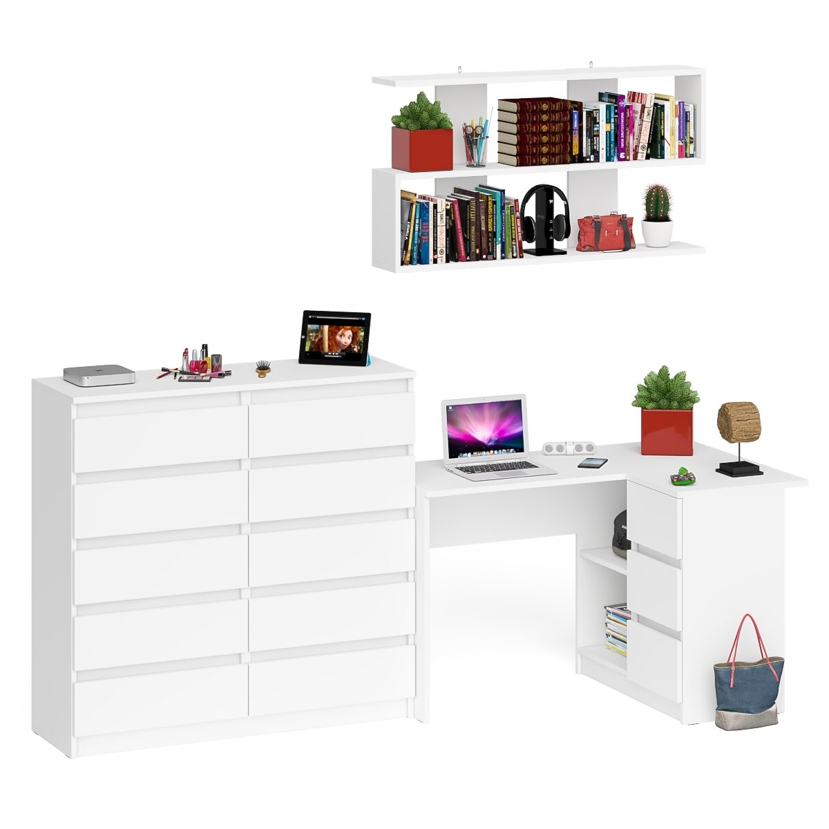 Набор мебели из углового стола Мори МС-16 правого с книжной полкой и комода МК1200.10 белый, 244,8х84,9х209,6 см