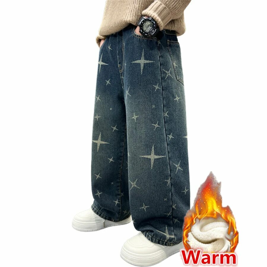 RONG CH Новые зимние теплые джинсы для детей с звездами толстые изолированные свободные брюки