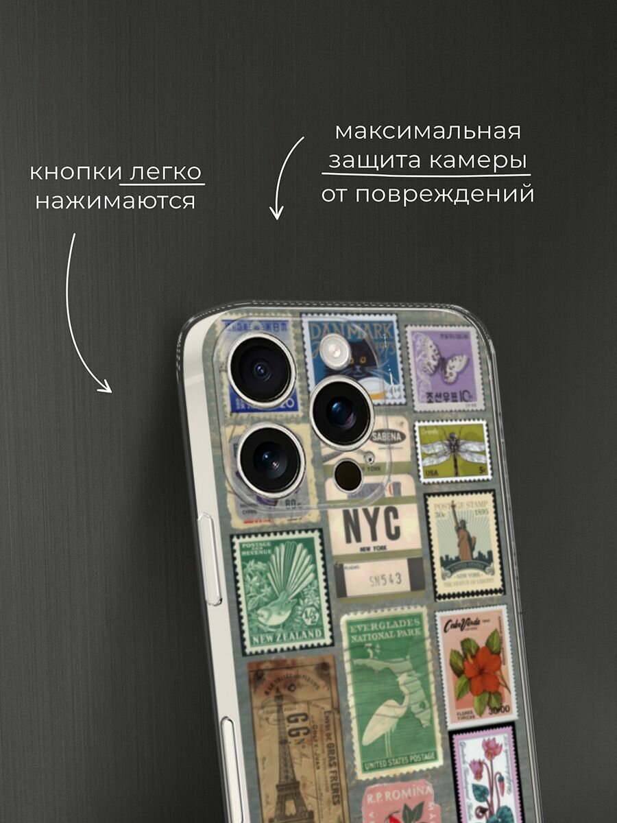 Чехол на Apple iPhone 16 Pro / Айфон 16 Про с принтом Коллаж из марок — фото 1