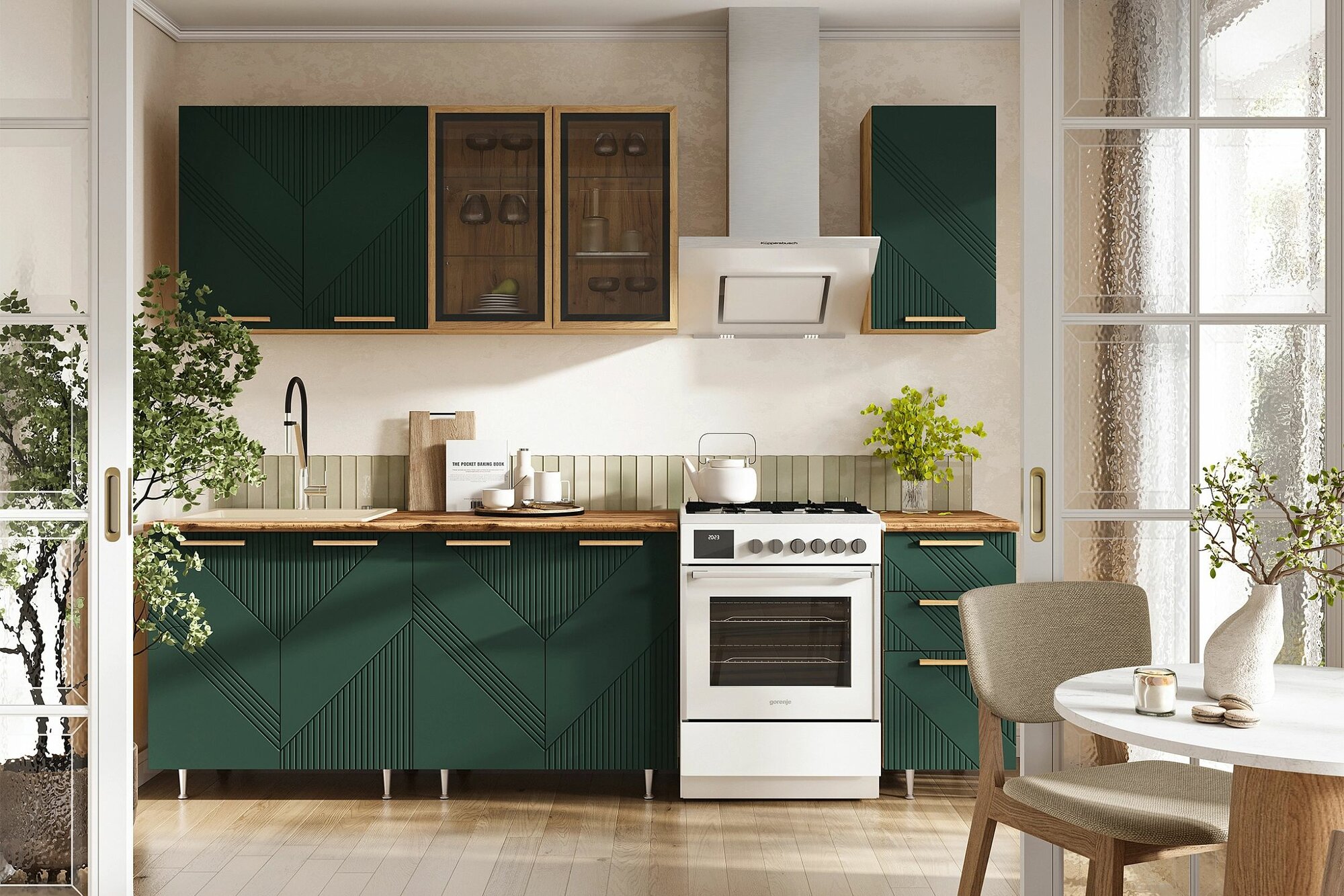 Кухня Ирис 2,0м (490) Компановка №2 (Браш Мени Грин, Дуб Крафт (Дуб вотан))