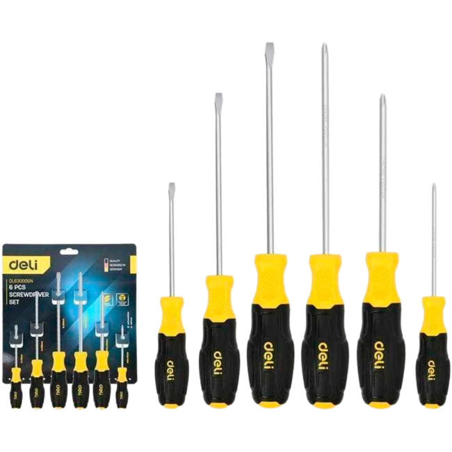 DL630006N Набор отверток Deli 6шт SL5x75 + SL5x100 + SL6x150 + PH1x75 + PH1x100 + PH2x150 сталь Cr-V, двухкомпонентная
