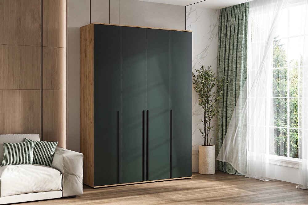 Шкаф для вещей с полками распашной четырехстворчатый 4 двери 3 штанги Норд, 160х224х51 см, Изумрудный / Дуб крафт