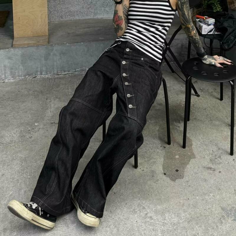 Тренд RONG CH Джинсы Мужские Широкие Американские Винтажные Кнопочные Дизайн Осенние Длинные Деним, Размер_M