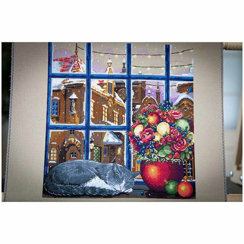 Наборы для вышивки крестом Merejka K-87 "Зимняя мечта", кот на подоконнике 16CT unprint canvas