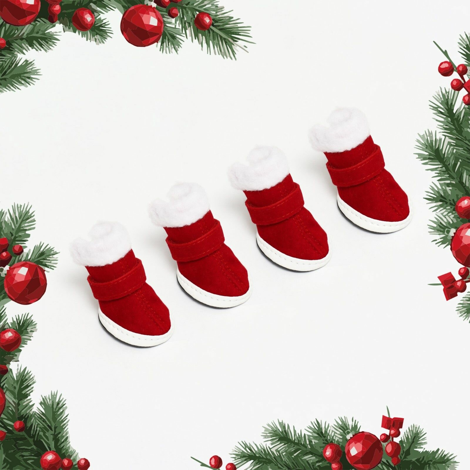 Ботинки для кошек и собак "Кристмес", набор 4 шт, размер 3 (подошва 5 х 4 см), красные