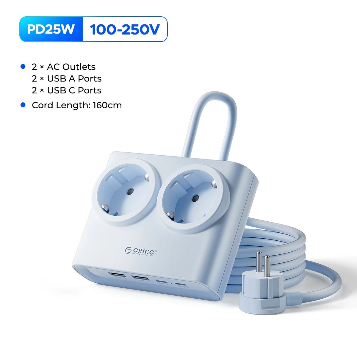 ORICO удлинитель с 2 розетками, 2 USB-A, 2 USB-C, 160см, Blue