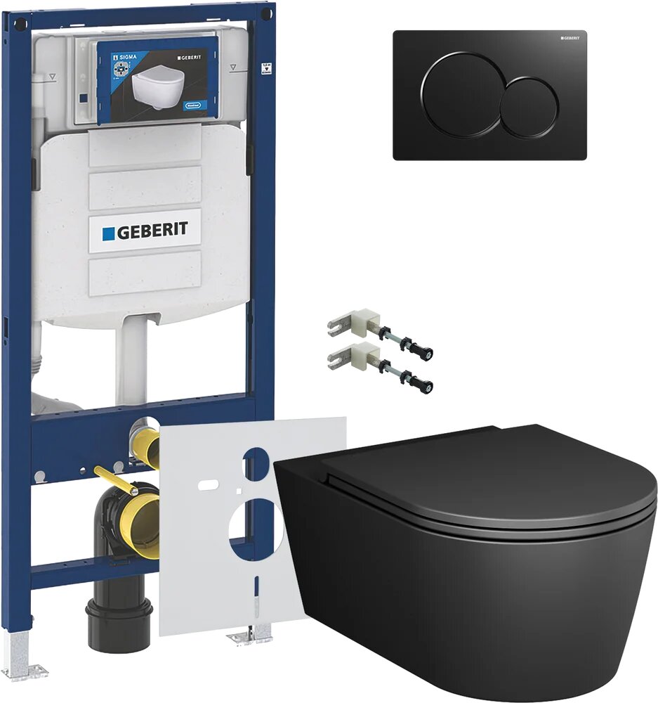 Комплект Унитаз подвесной AM.PM Func C8F1701MBSC безободковый, с микролифтом, матовый черный / Крепления Geberit к стене / Инсталляция UP 320 111.300.00.5, Кнопка Sigma черная, Шумоизоляция