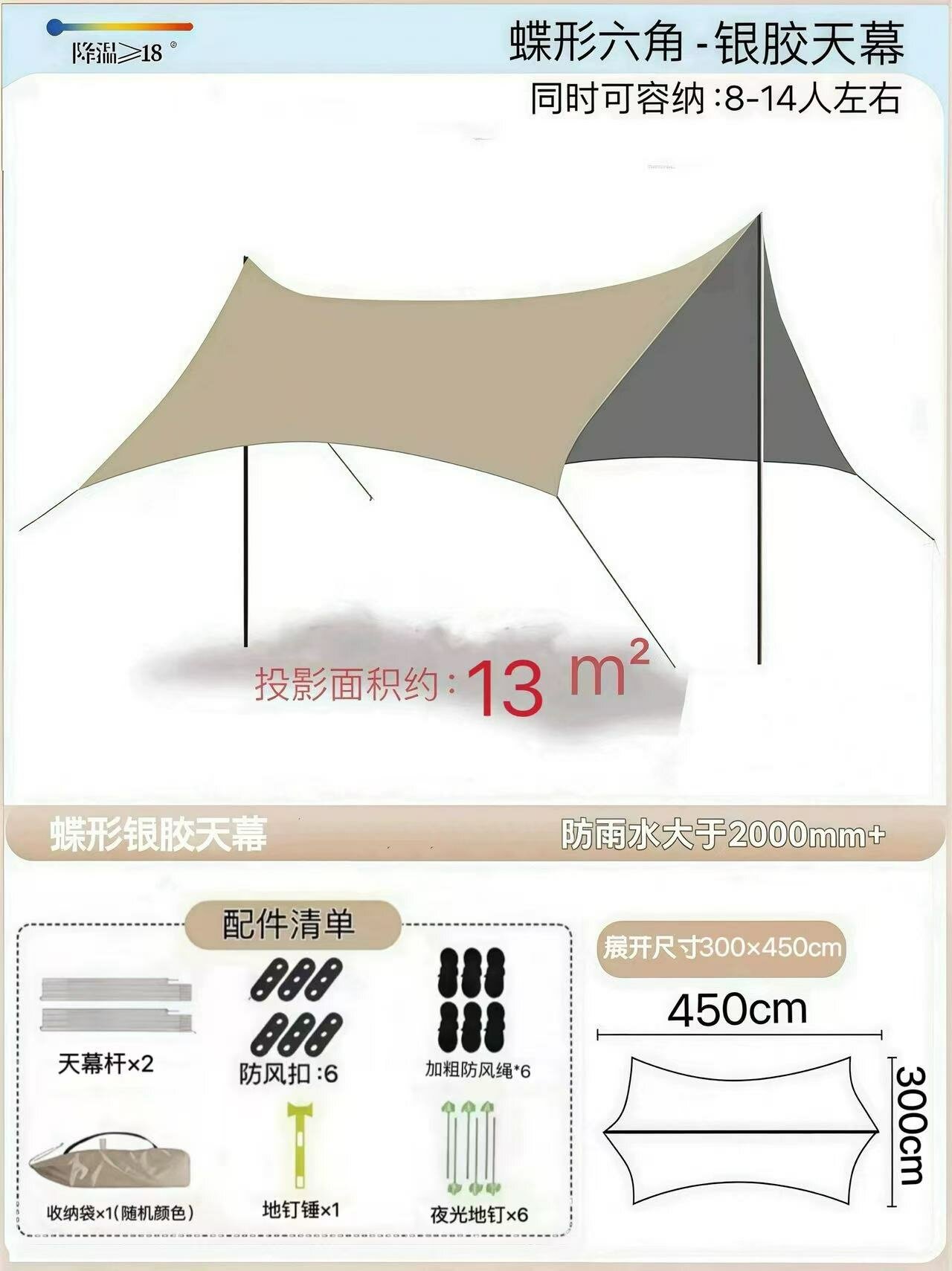Виниловый большой навесной тент, водонепроницаемый, солнцезащитный, для кемпинга на открытом воздухе, большой пространства, восьмибабочковой формы, укрытие для кемпинга