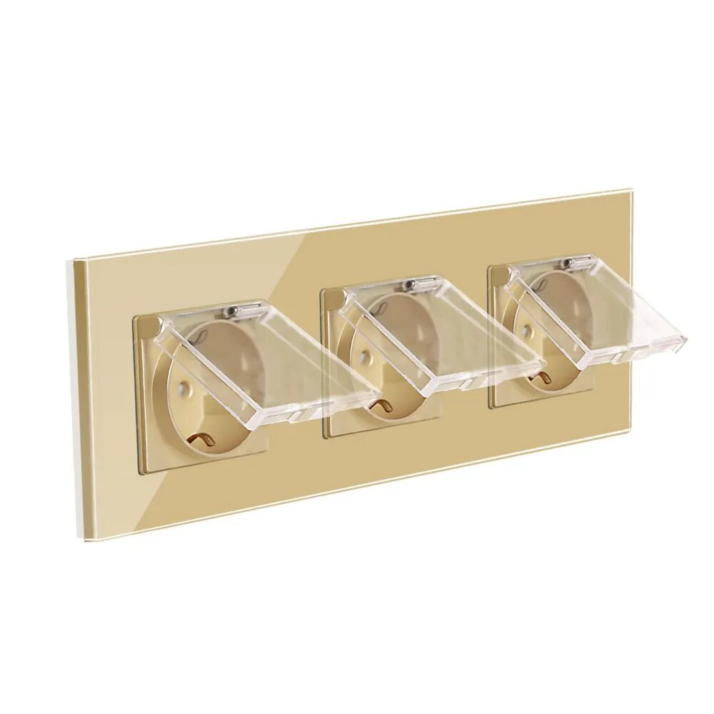 Розетка c водонепроницаемой крышкой 3 поста, Встраиваемая водонепроницаемая розетка на 16А стеклянна золото c землей