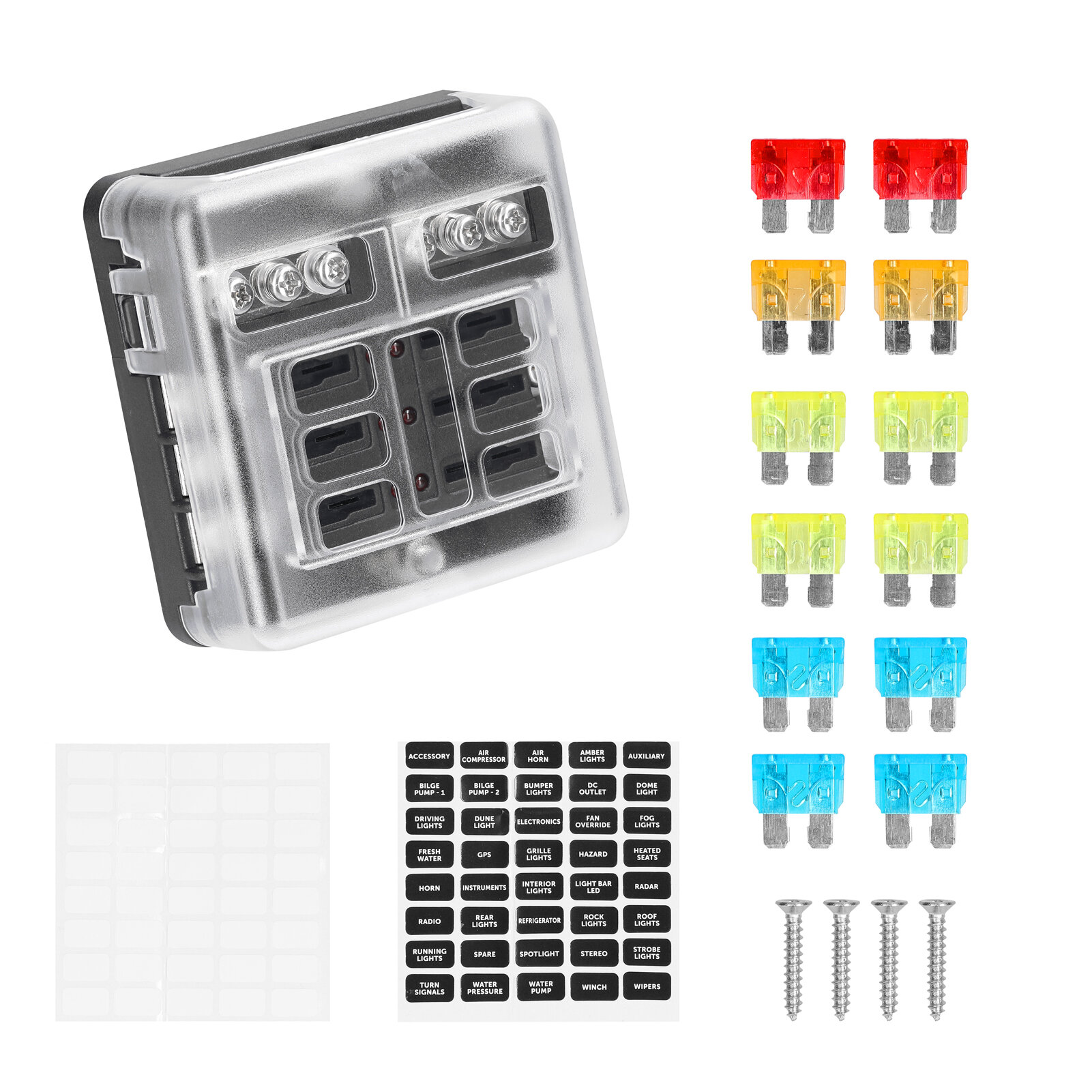 Блок предохранителей с положительным и отрицательным анодом, прозрачная крышка, держатель предохранителей со светодиодным индикатором для автомобиля, морской лодки, переформованное использование, 6-контактный, 12-контактный, опционально