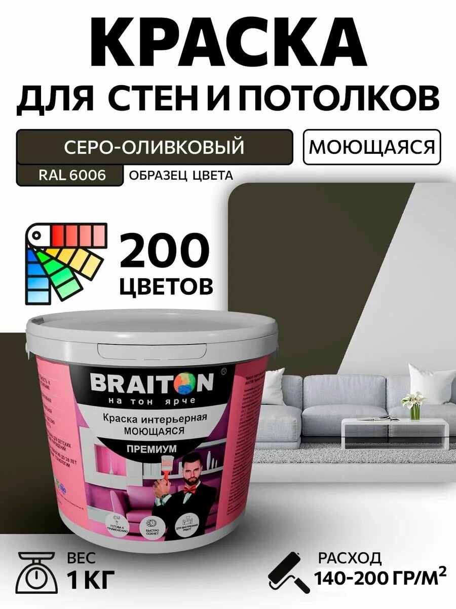 Краска ВД интерьерная BRAITON Премиум Моющаяся 1 кг. Цвет Серо-оливковый RAL 6006 акриловая, быстросохнущая, для наружных и внутренних работ, для стен и потолков, матовое покрытие