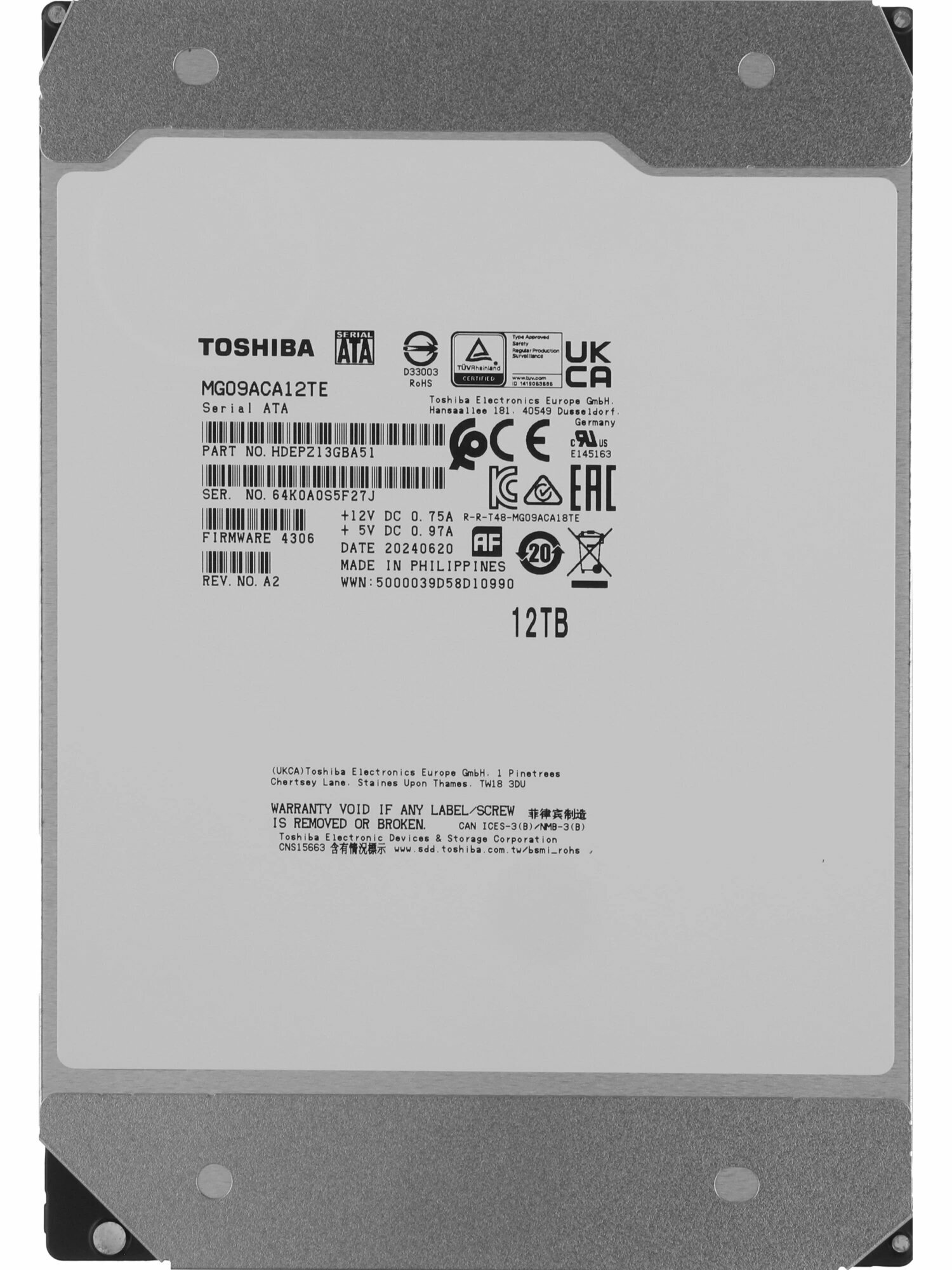 Жесткий диск 12TB Toshiba SATA-III MG09ACA12TE Enterprise Capacity 7200rpm 3.5"