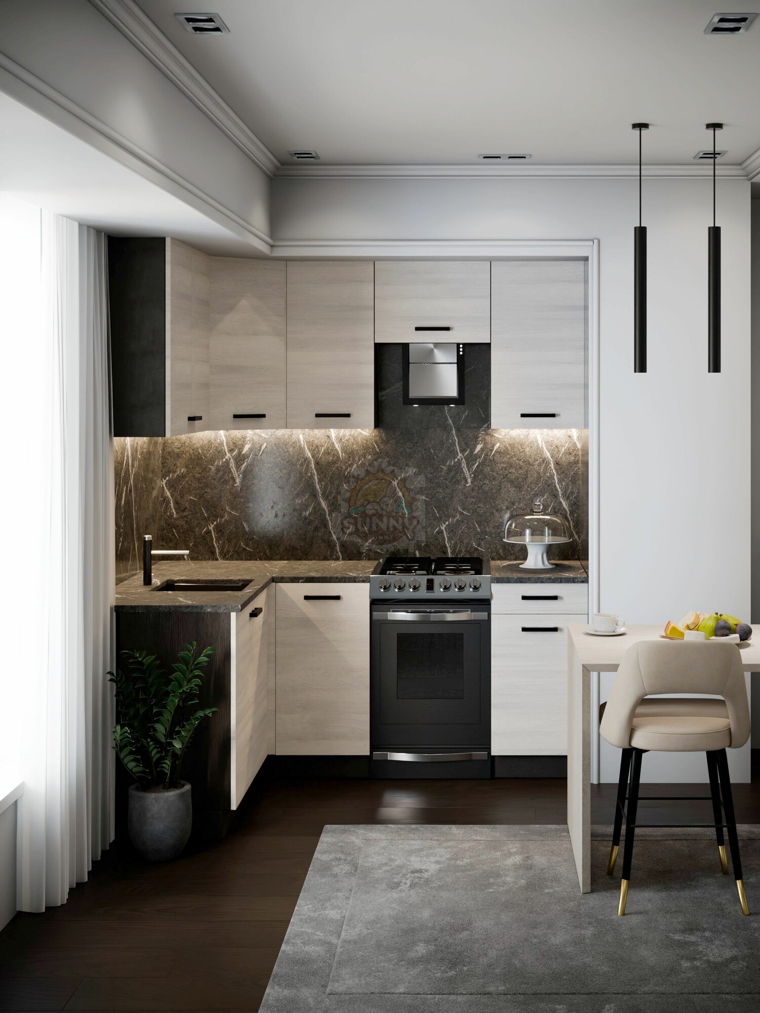 Кухня модульная угловая со столешницей Мария, 140 см х 200 см, Венге/Лоредо ЛДСП, 180 х 200 х 60 см, столешница 60 см.