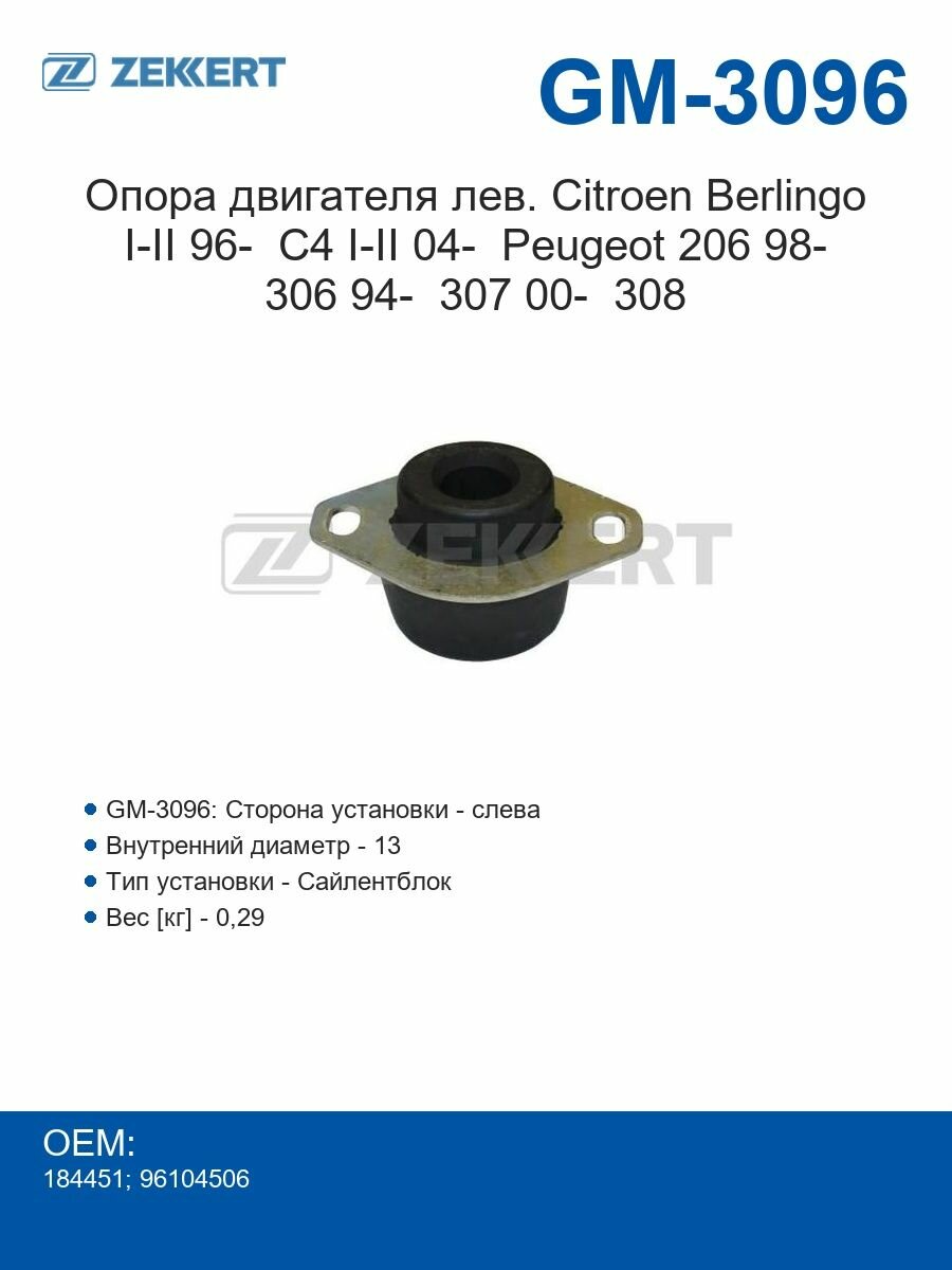 Zekkert Опора двигателя левая Citroen Berlingo I-II с 1996 года C4 I-II с 2004 года Peugeot 206 с 1998 года 306 с 1994 года 307 с 2000 года 308
