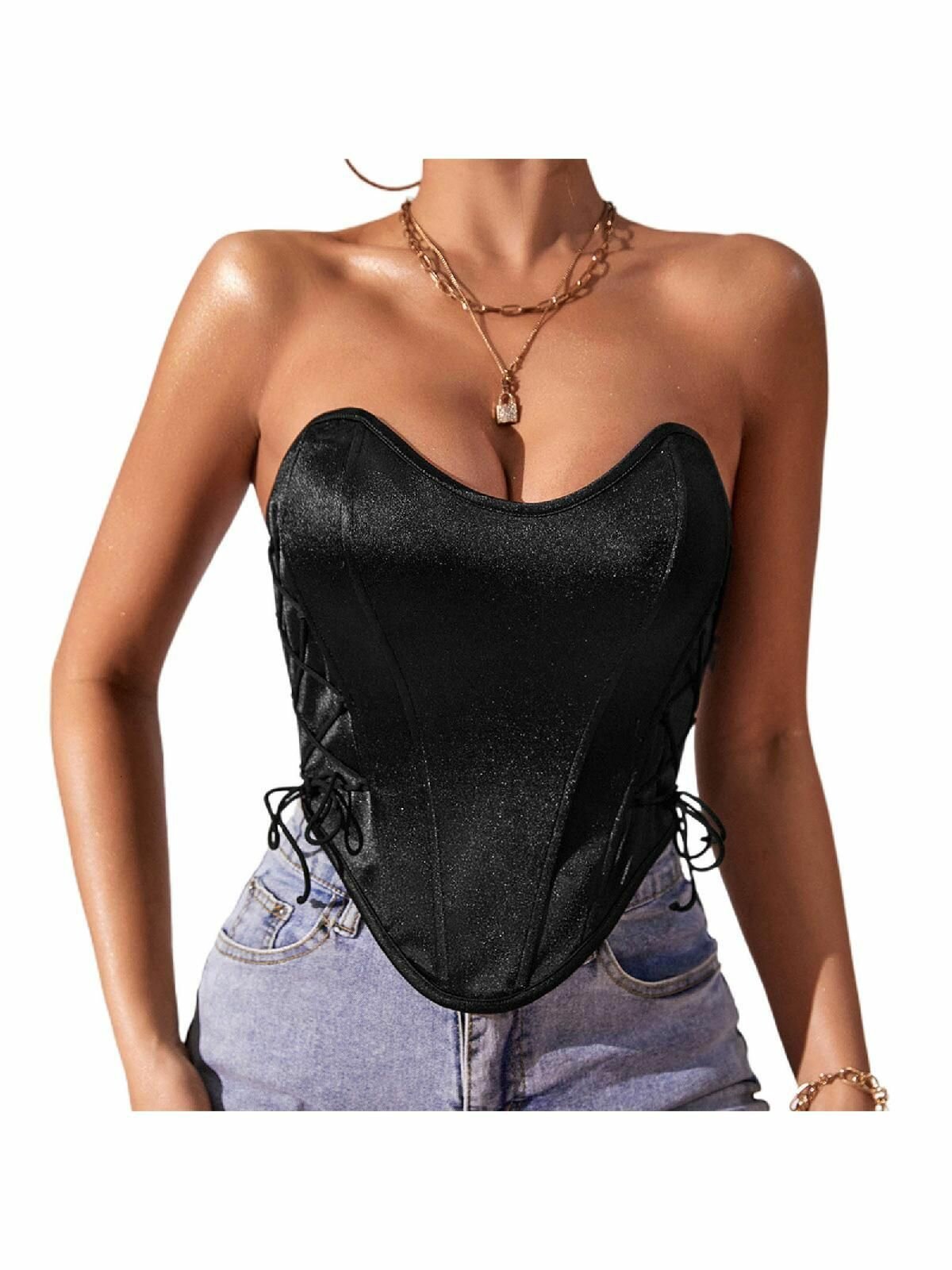 Женский корсет-бюстье с косточками и шнуровкой, Черный - XS