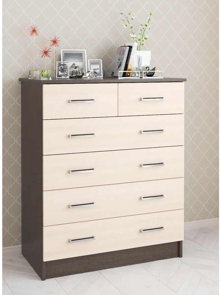 Белый комод для вещей, ЛДСП, 82*99*42,5 см, 6 выдвижных ящиков, венге/дуб молочный, Катрин 5