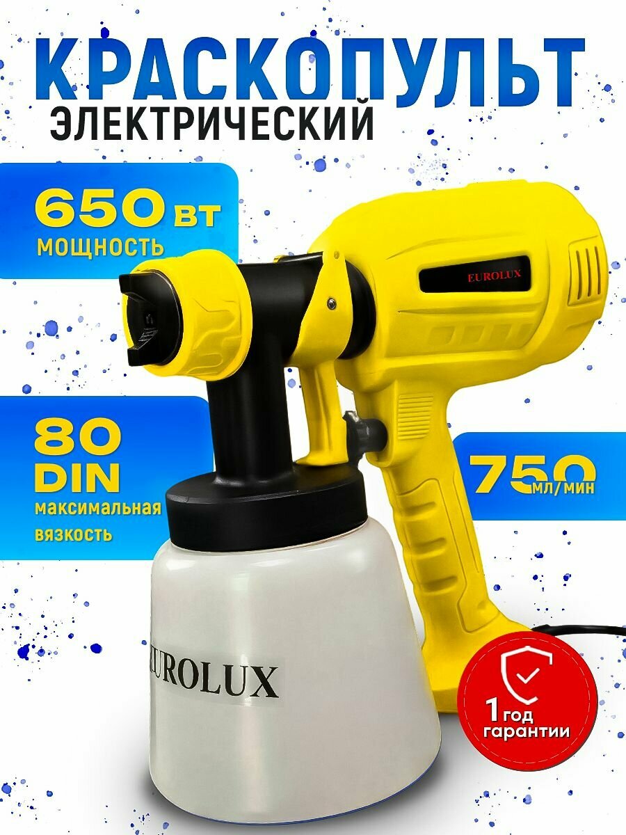 Краскопульт электрический 650 Вт, 0,7 л./мин (ЭКП-0.8 Eurolux) бак 800 мл, сопло 1,7мм/2,5мм, вязкость 80 DIN/ceк