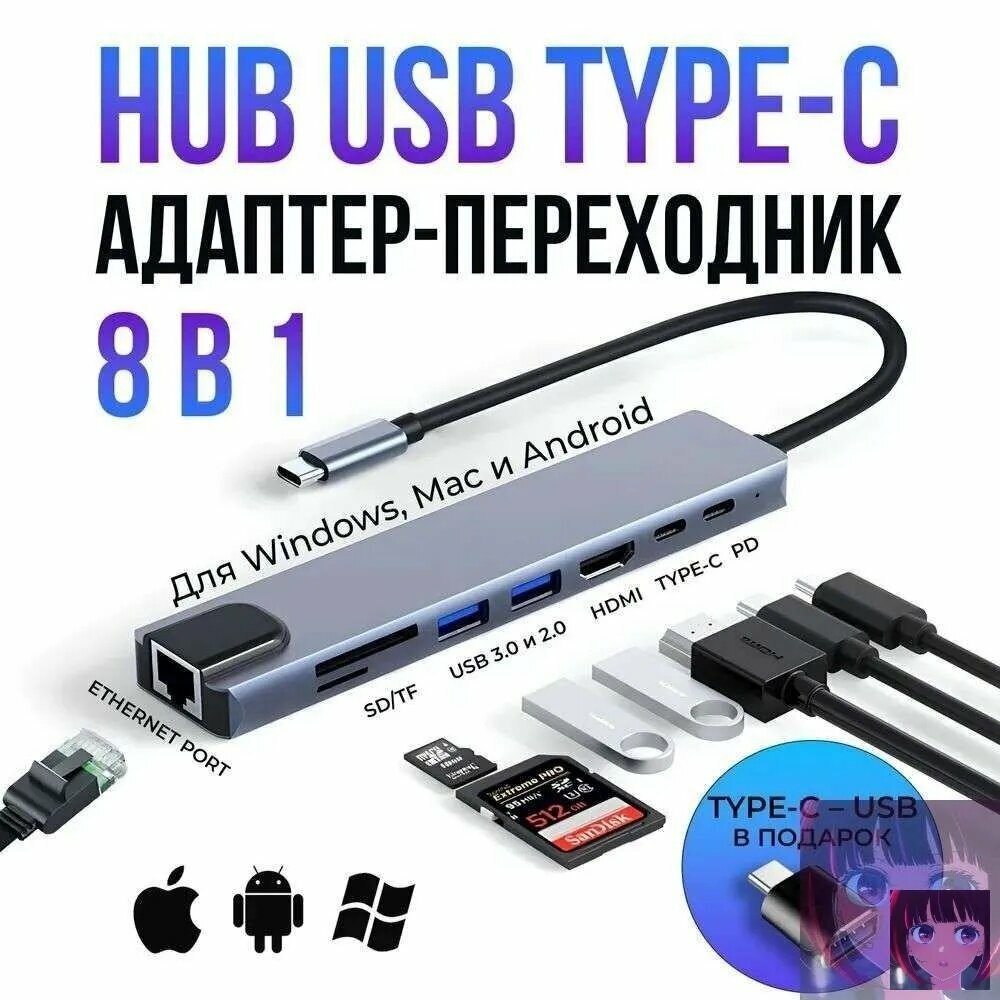 USB разветвитель 8 в 1 USB HUB Type C док станция Usb 3.0 хаб 3 0 переходник концентратор адаптер thunderbolt 4k Hdmi RJ45 TF SD картридер для ноутбука для макбука USB-2.0 Type-c