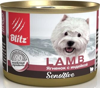 Консервы для собак Блиц Sensitive паштет Ягненок с индейкой 200г 15%