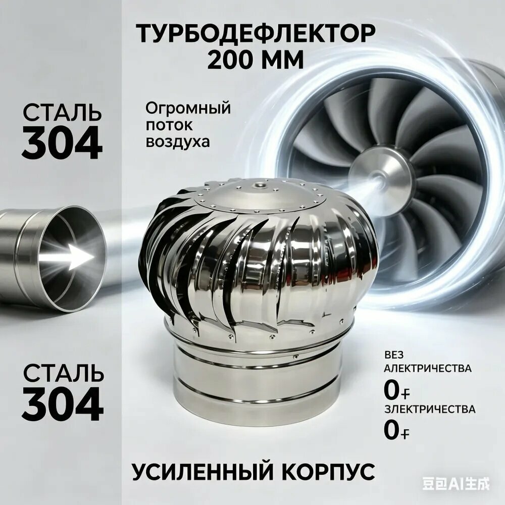 Турбодефлектор для дымохода 200 мм из нержавеющей стали 304 вращающийся колпак на трубу вытяжка для дома и бани защита от обратной тяги осадков и искр