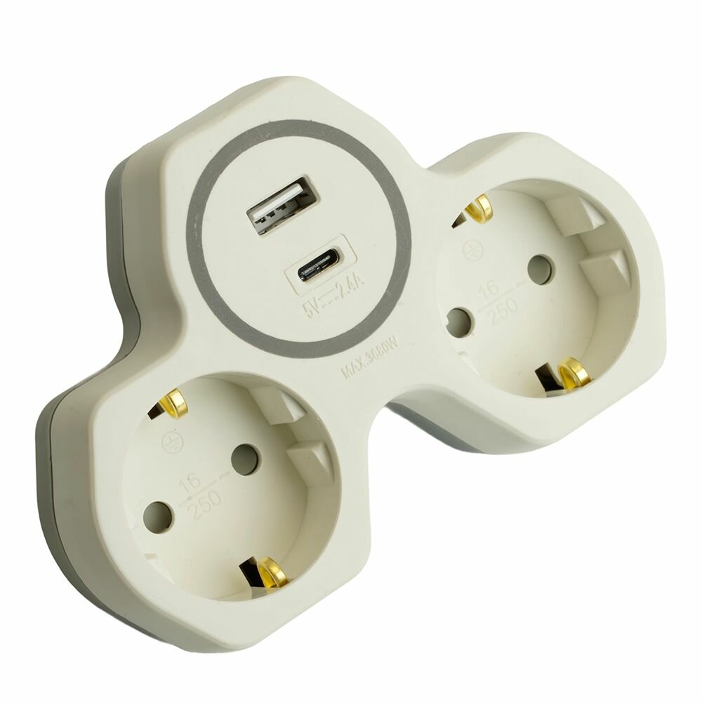 Двойник для розетки с заземлением ADP16-15-20, 250V, 16A и USB+Type C на 2.4А, белый/серый, STEKKER 50071