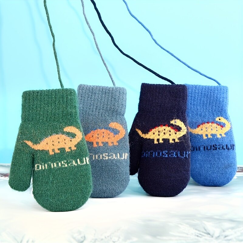 Детские зимние утепленные плюшевые перчатки с веревкой, темно-синие, для детей 4-8 лет