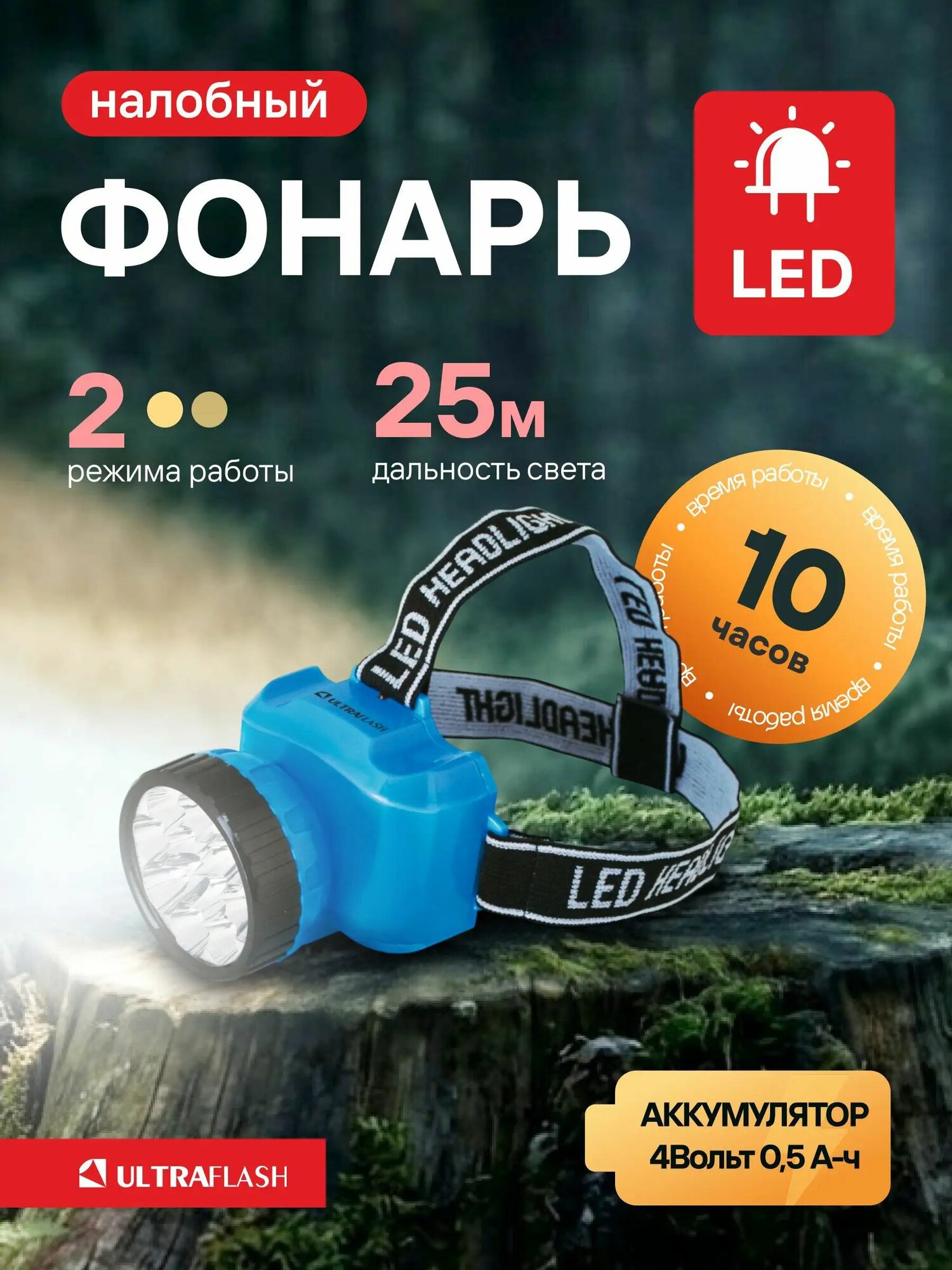 Фонарь налобный Ultraflash аккумуляторный, IP22, 12 LED-xm
