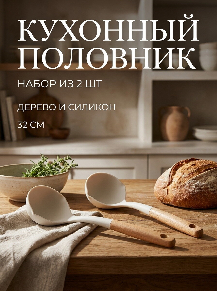 Половник кухонный, из дерева и силикона, 32 см, цвет белый, 2 шт