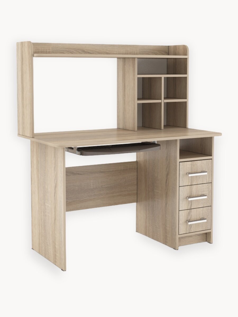 Стол компьютерный BONMEBEL КС-1200К, ЛДСП дуб сонома, 120х60х134, с полками, с надстройками, с ящиками