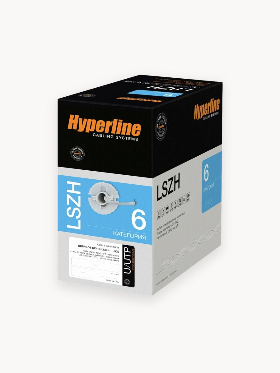 Кабель витая пара U/UTP кат.6 4х2х23AWG solid LSZH нг(А)-HF UUTP4-C6-S23-IN-LSZH-OR-305 оранж. (м) Hyperline 47461