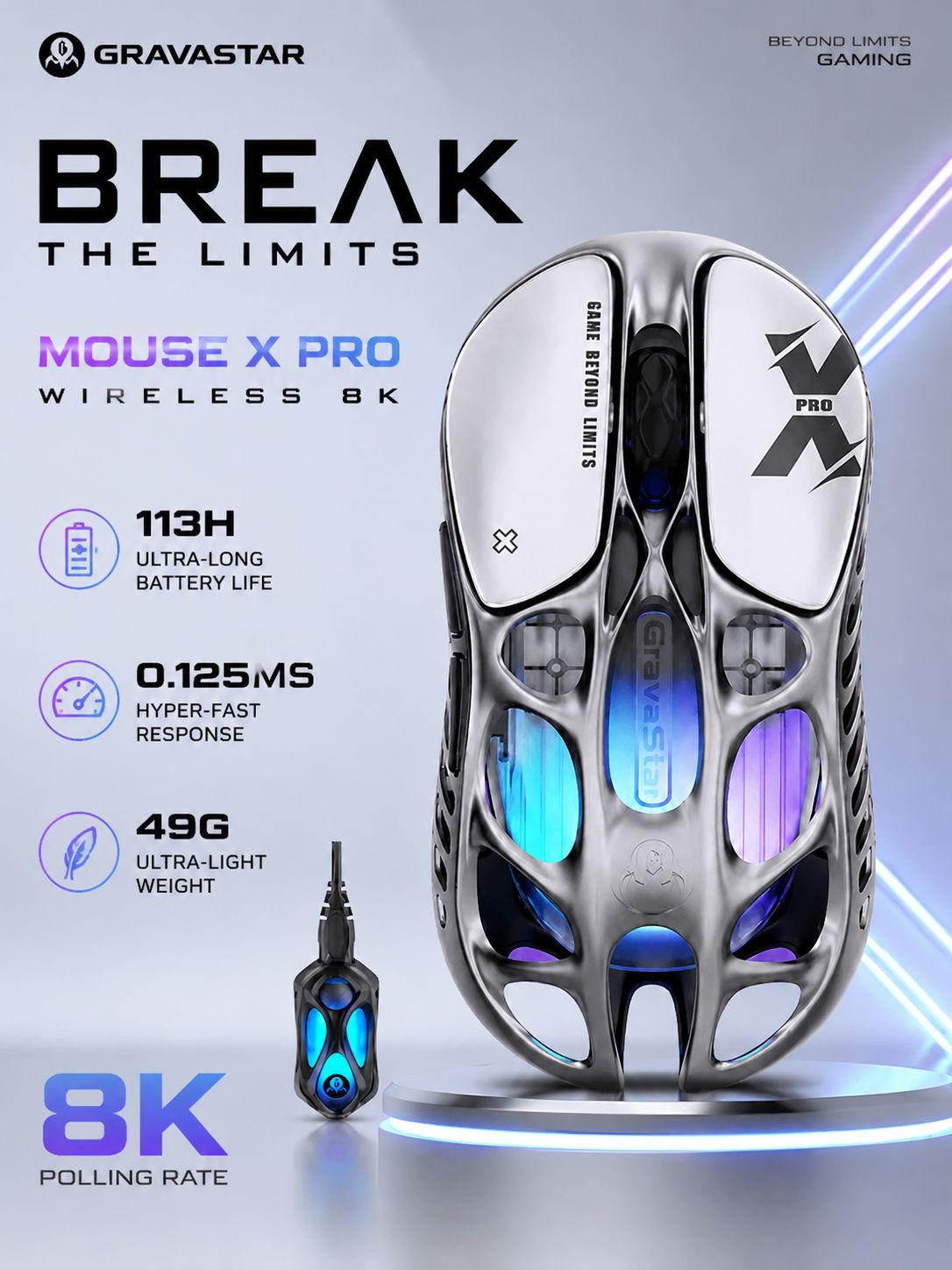 Беспроводная игровая мышь GravaStar Mercury X Pro, магниевый сплав, 49г, сенсор PAW3950, 8000 Гц, Bluetooth/2.4G/Wired
