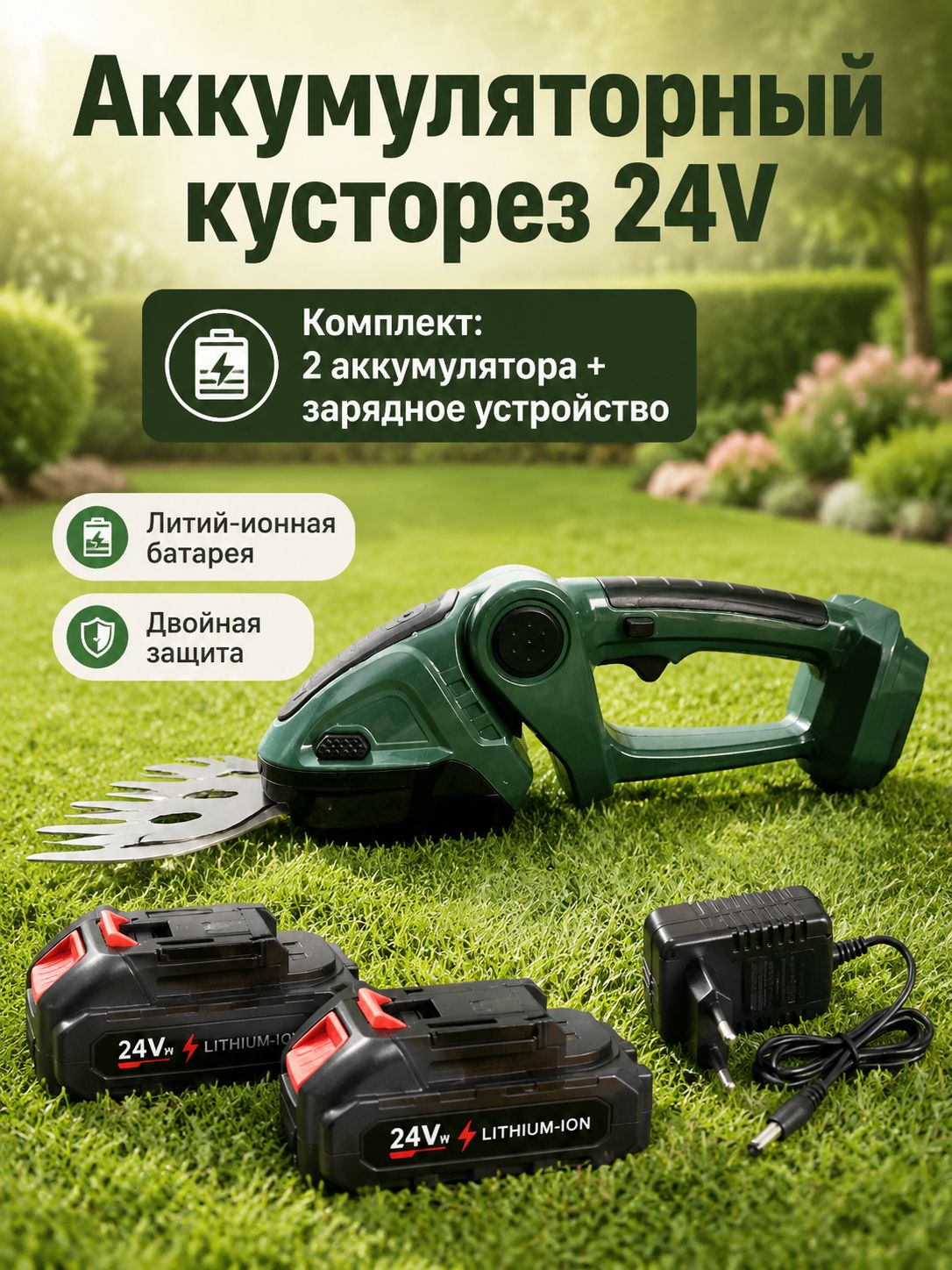 Аккумуляторный кусторез для живой изгороди, темно-зеленый, с 2 батареями и зарядным устройством
