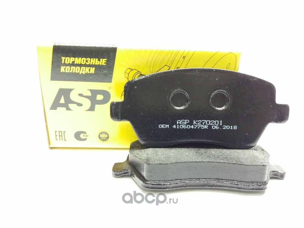 Колодки тормозные передние ASP K270201, LADA VESTA, LARGUS , NOTE (E11, NE11), MICRA III (K12), CAPTUR I (J5_, H5_) 1.6 + CVT, CLIO III , CLIO IV