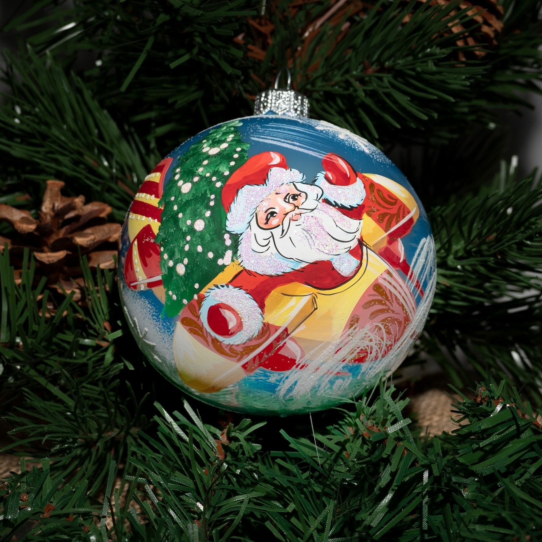 Шар на елку Дед Мороз на самолете 10см