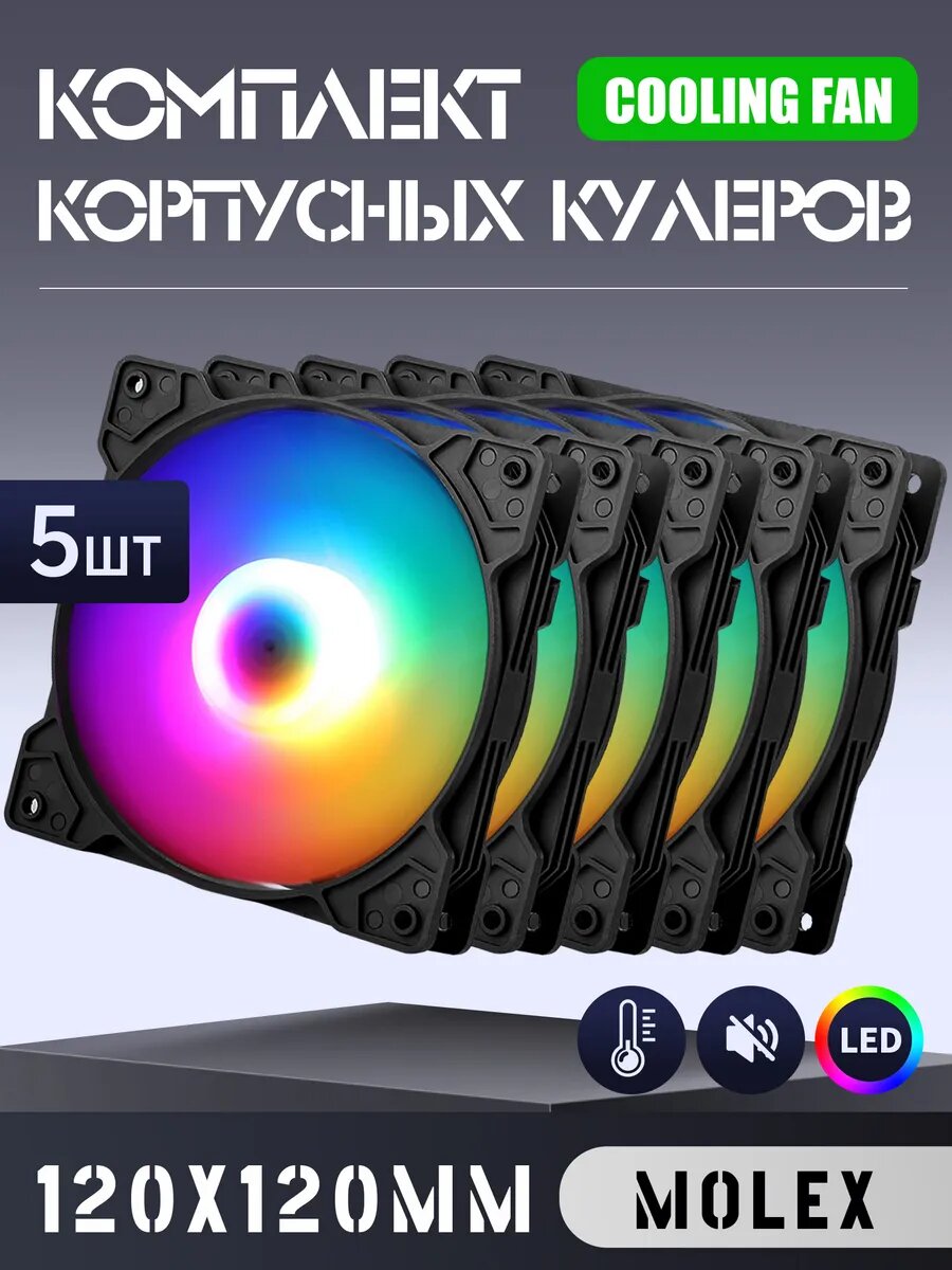Вентилятор для пк 120 мм *5 шт，Вентилятор для корпуса компьютера 120х120мм с RGB подсветкой.