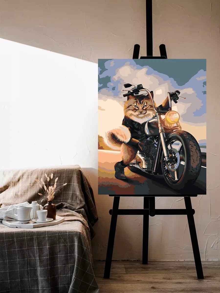 Картина по номерам Кот Байкер Животное Кошка на Мотоцикле