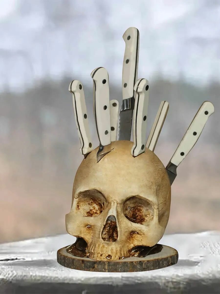 Подставка для ножей и кухонных принадлежностей в виде черепа