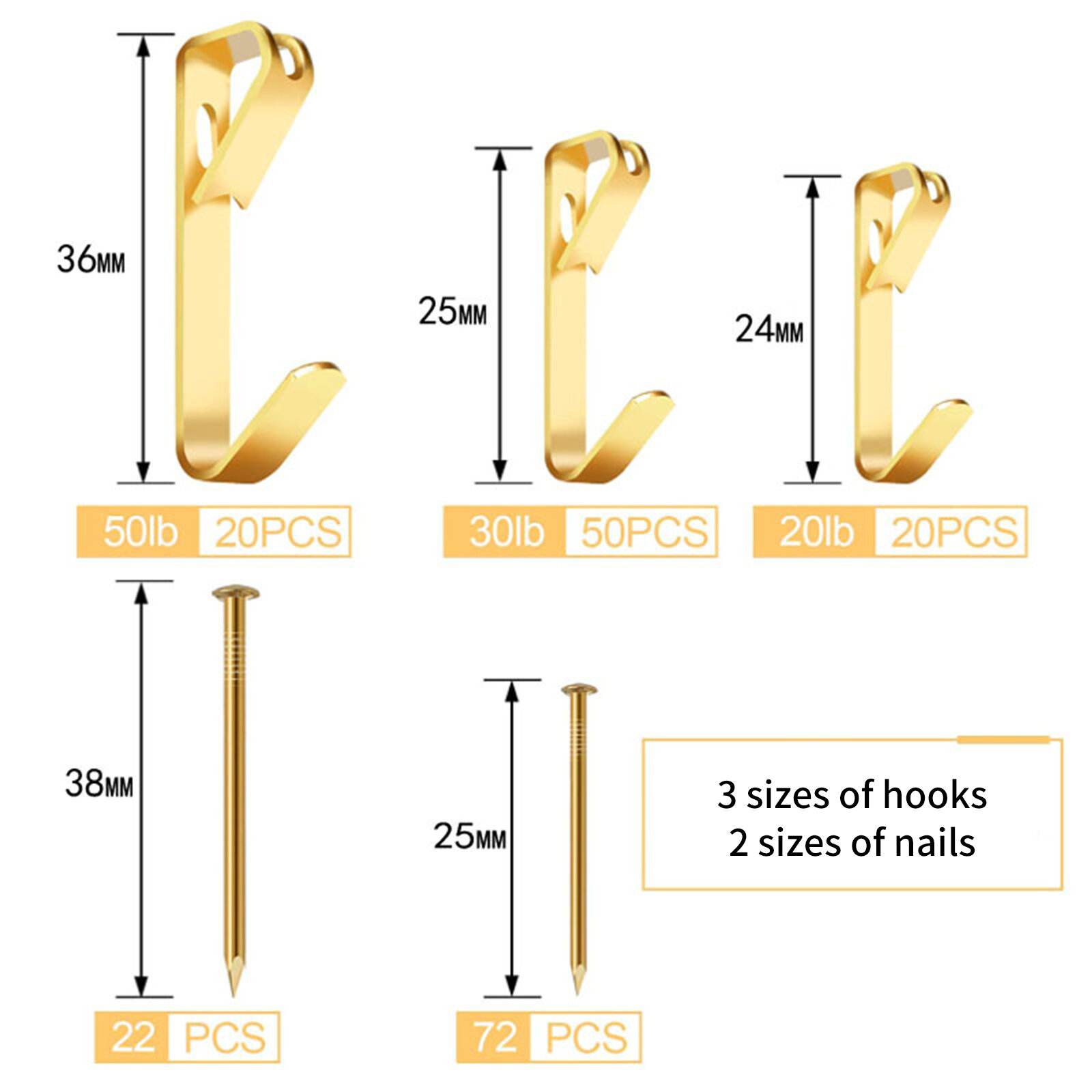 Золотистые крючки для картин, 184 шт, с гвоздями, нагрузка 20/30/50 lb