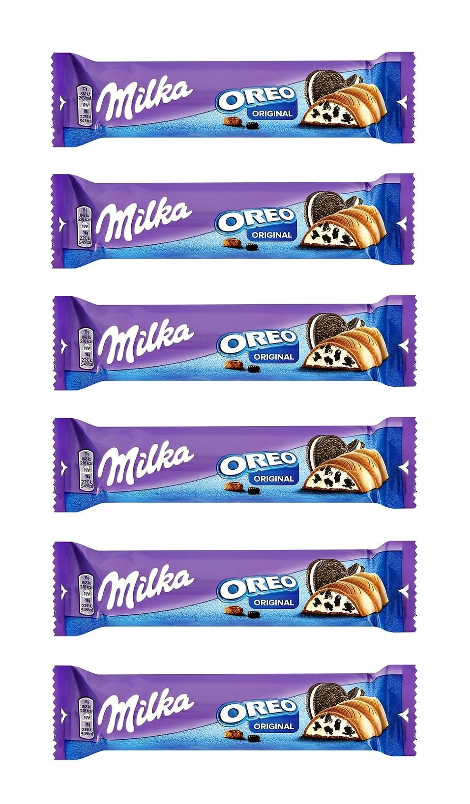 Шоколад молочный Milka & Oreo с молочной начинкой и кусочками печенья Орео, батончик, 6 шт. по 37 гр. (Швейцария)