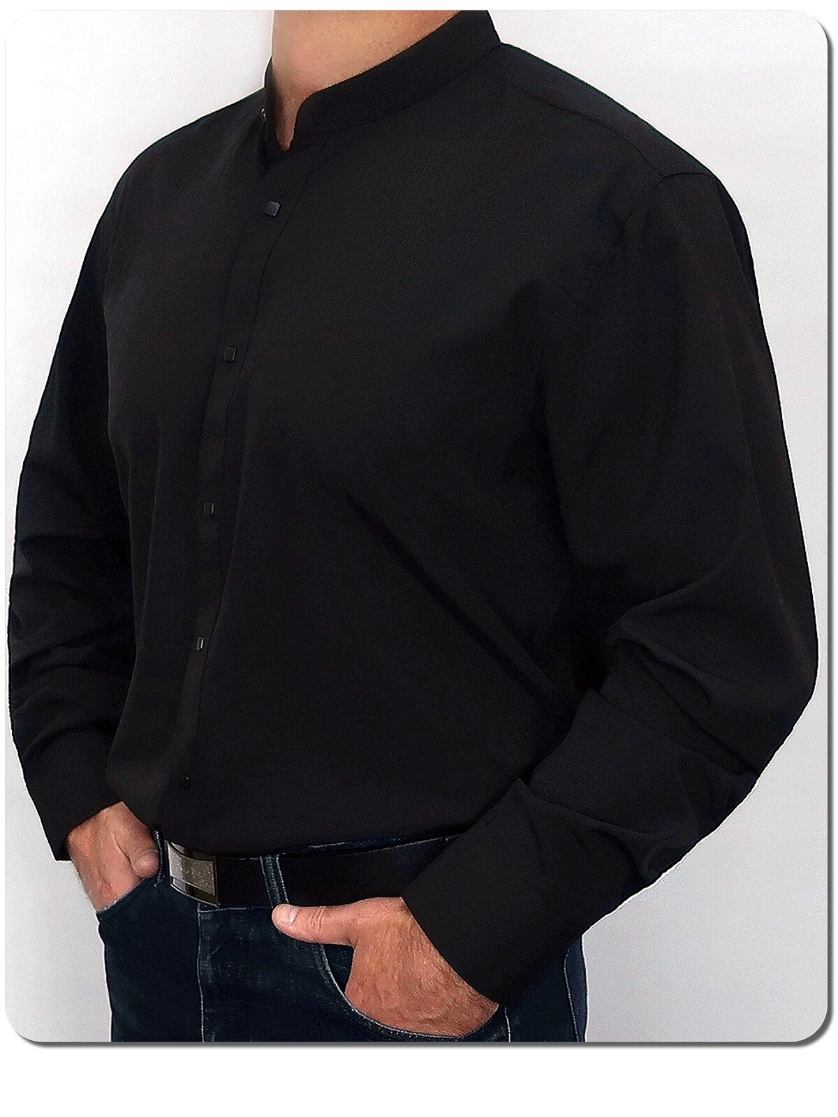 Рубашка Мужская рубашка с длинным рукавом приталенная стойка, темная сорочка на кнопках, рубаха на любой сезон, черная однотонная, без карманов, на любой сезон и на лето рубашка