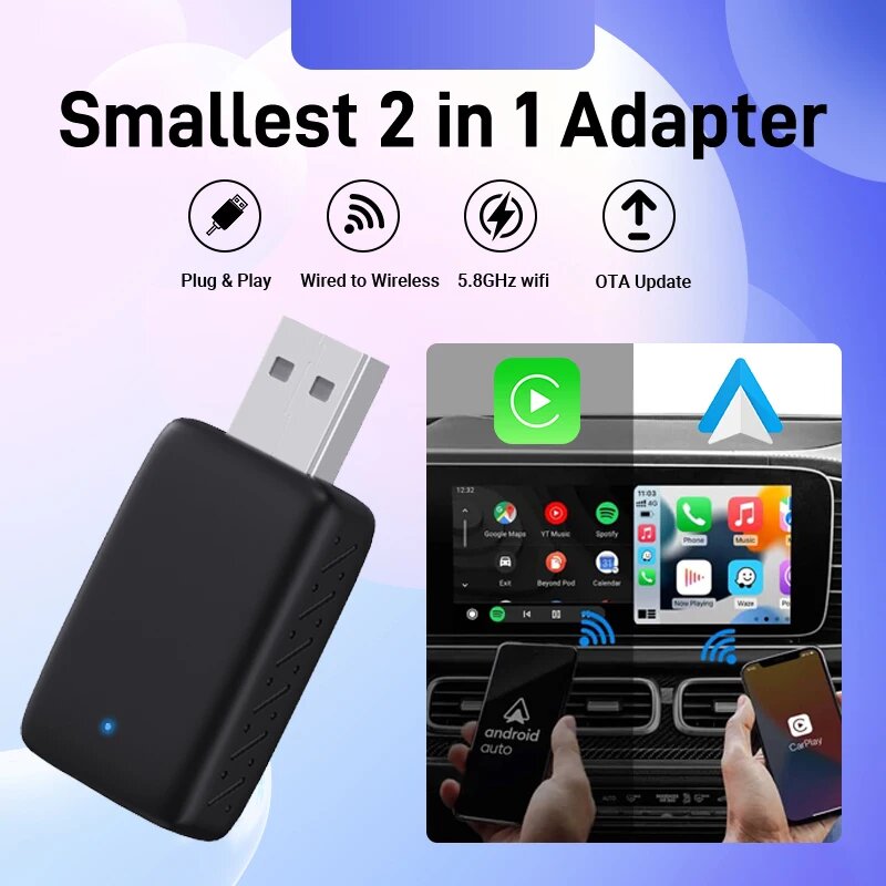 Беспроводной адаптер Carplay Android Auto для Toyota Mazda Nissan Camry Suzuki Subaru Citroen Audi Mercedes Kia Ford Opel Spotify BT, 2in1 Mini G Dongle, 365 days guarantee