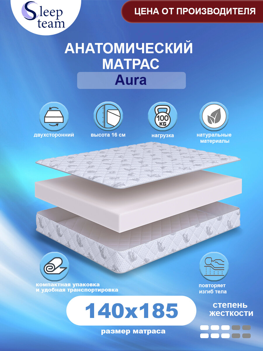 Матрас SleepTeam Aura 140х185, беспружинный, для кровати, высота 15 см, полутороспальный