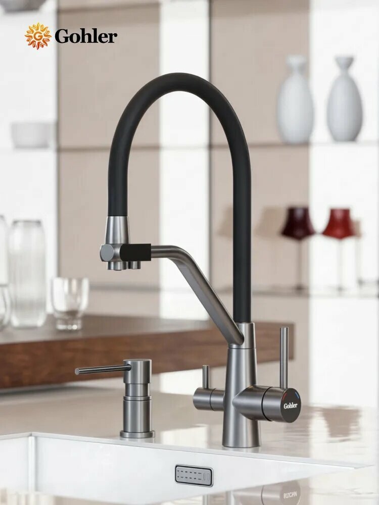 Смеситель для кухни с гибким изливом и краном под фильтр для питьевой воды Gohler G4102GR графит